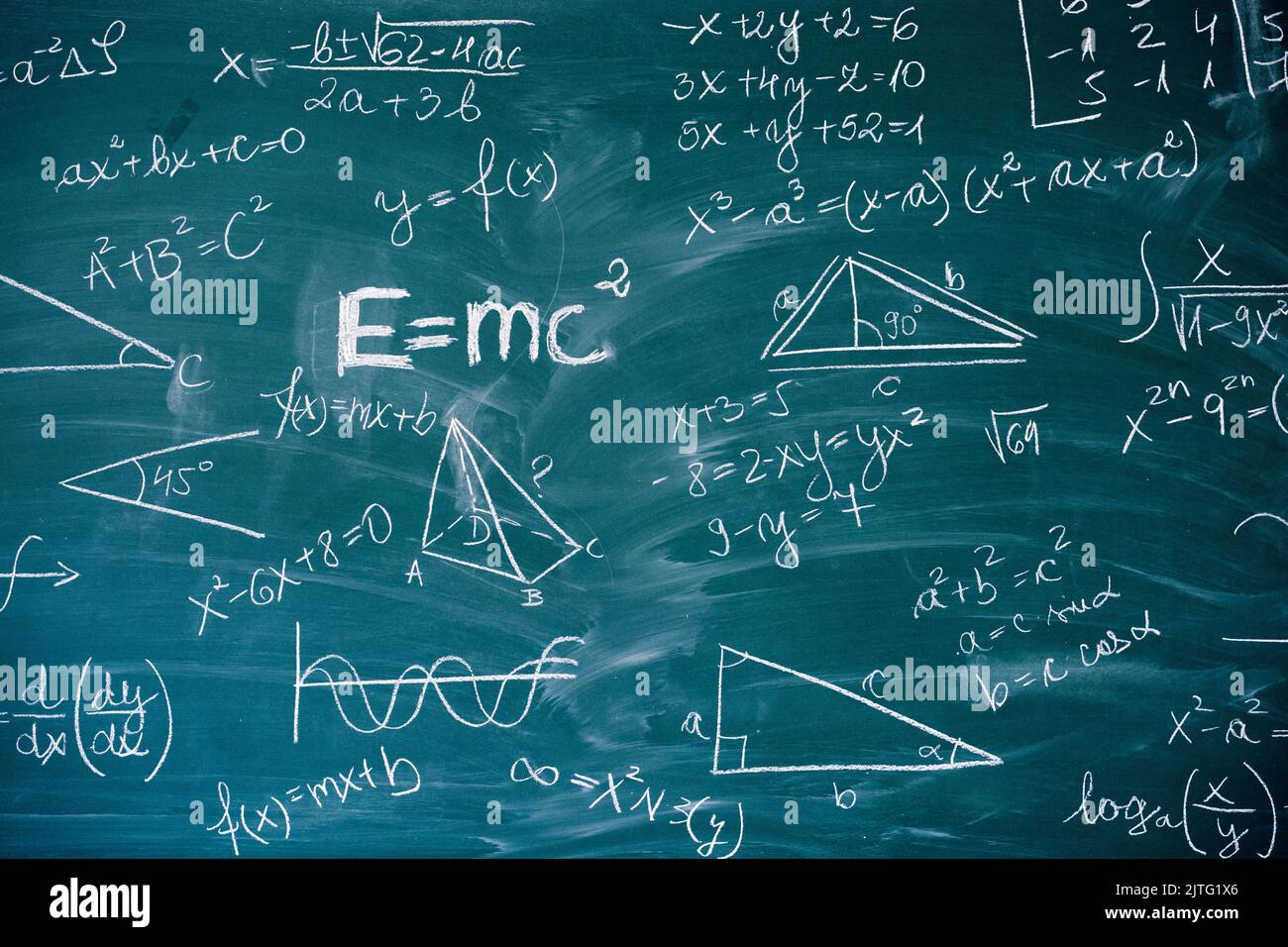 Blackboard inscribed with scientific formulas and calculations in ...