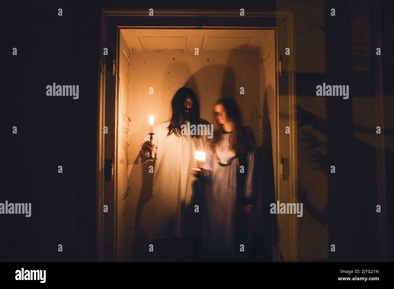 Ghosts in abandoned, haunted house. Horror scene of scary spirit of a ...