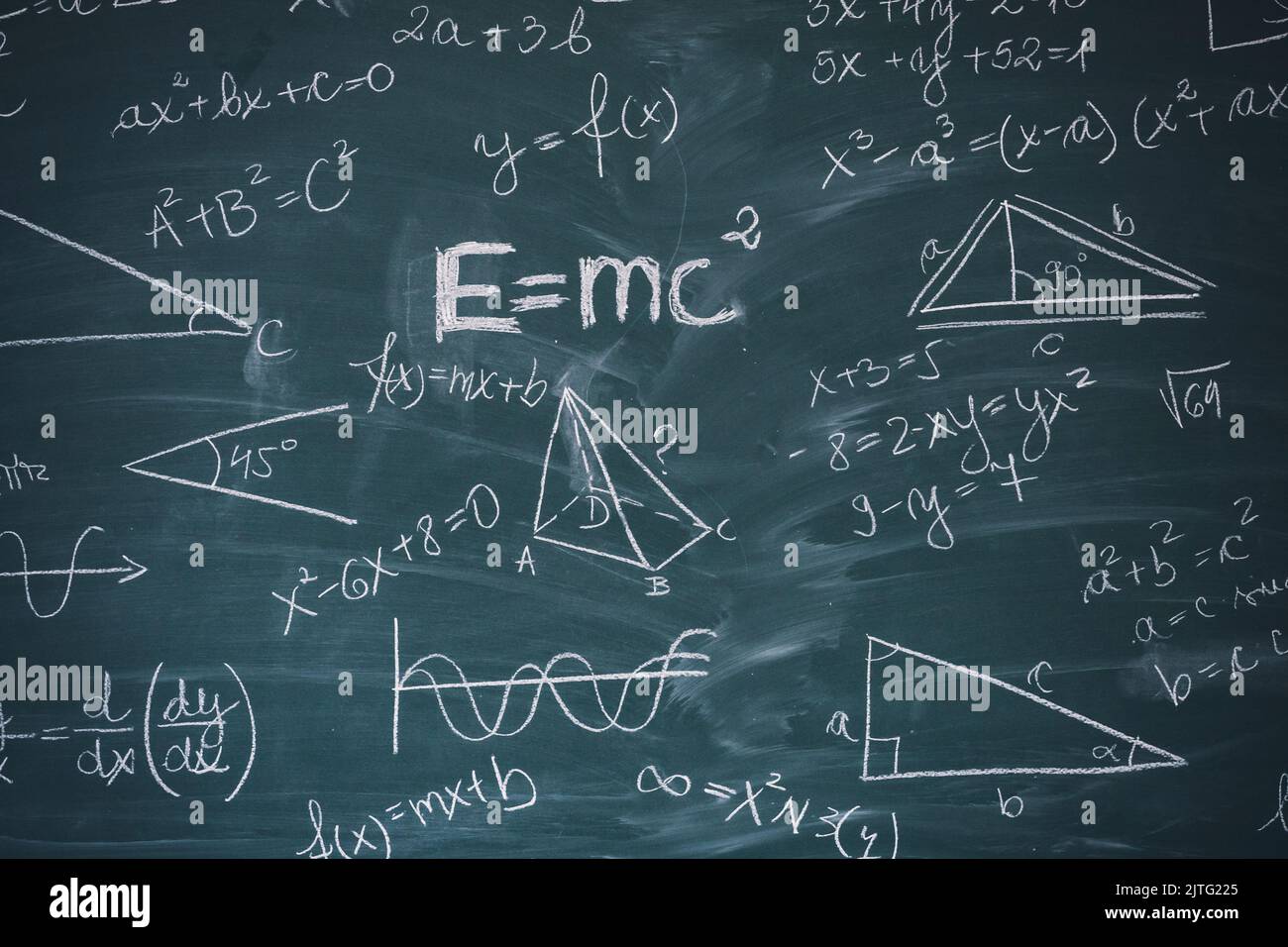 Blackboard inscribed with scientific formulas and calculations in ...