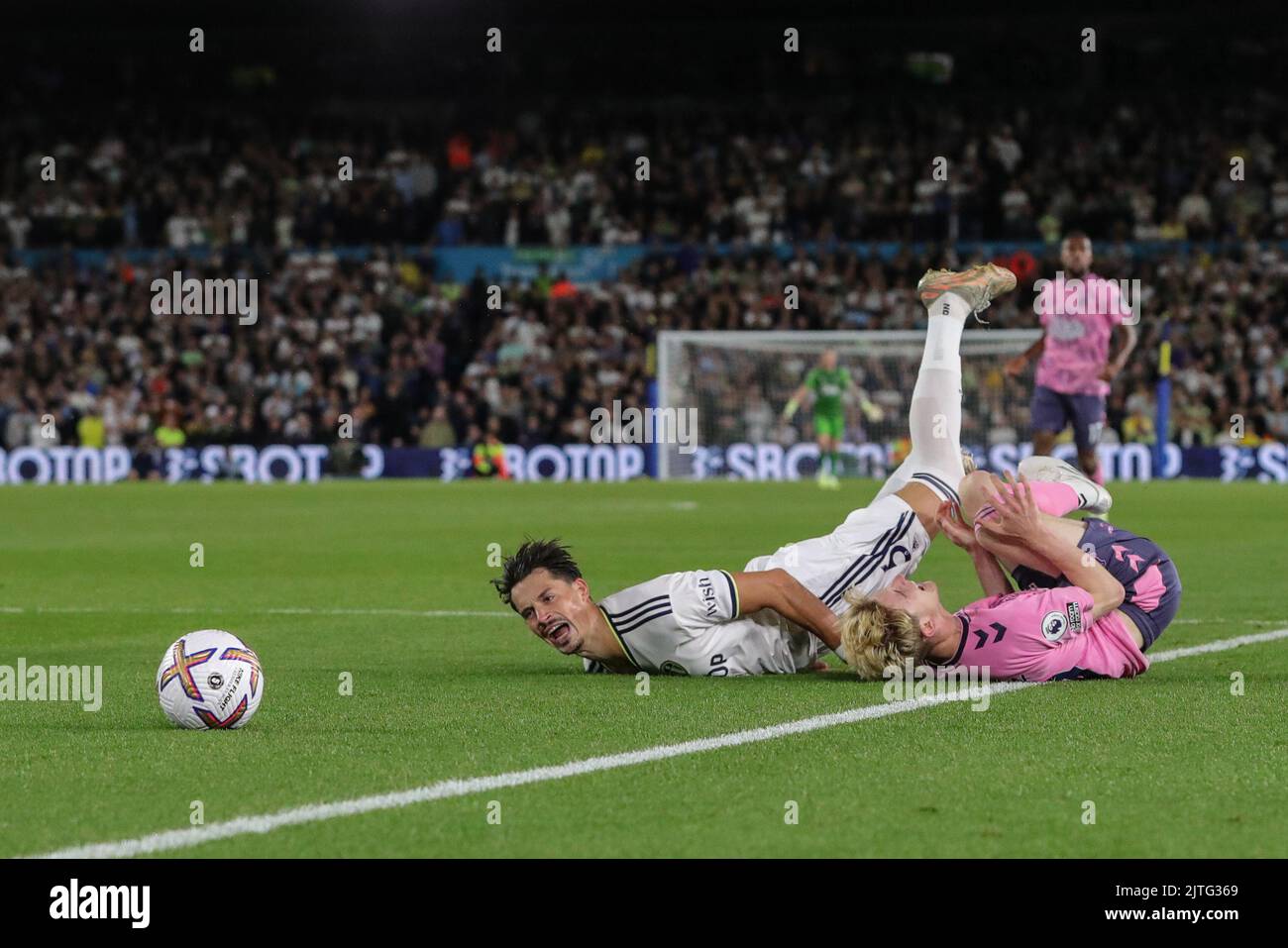 Robin Koch #5 of Leeds United fouls Anthony Gordon #10 of Everton ...