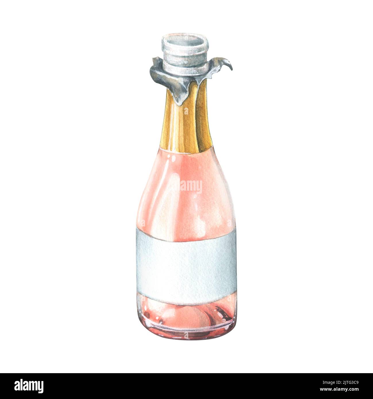 An open bottle with pink champagne, a golden wrapper and an empty white ...