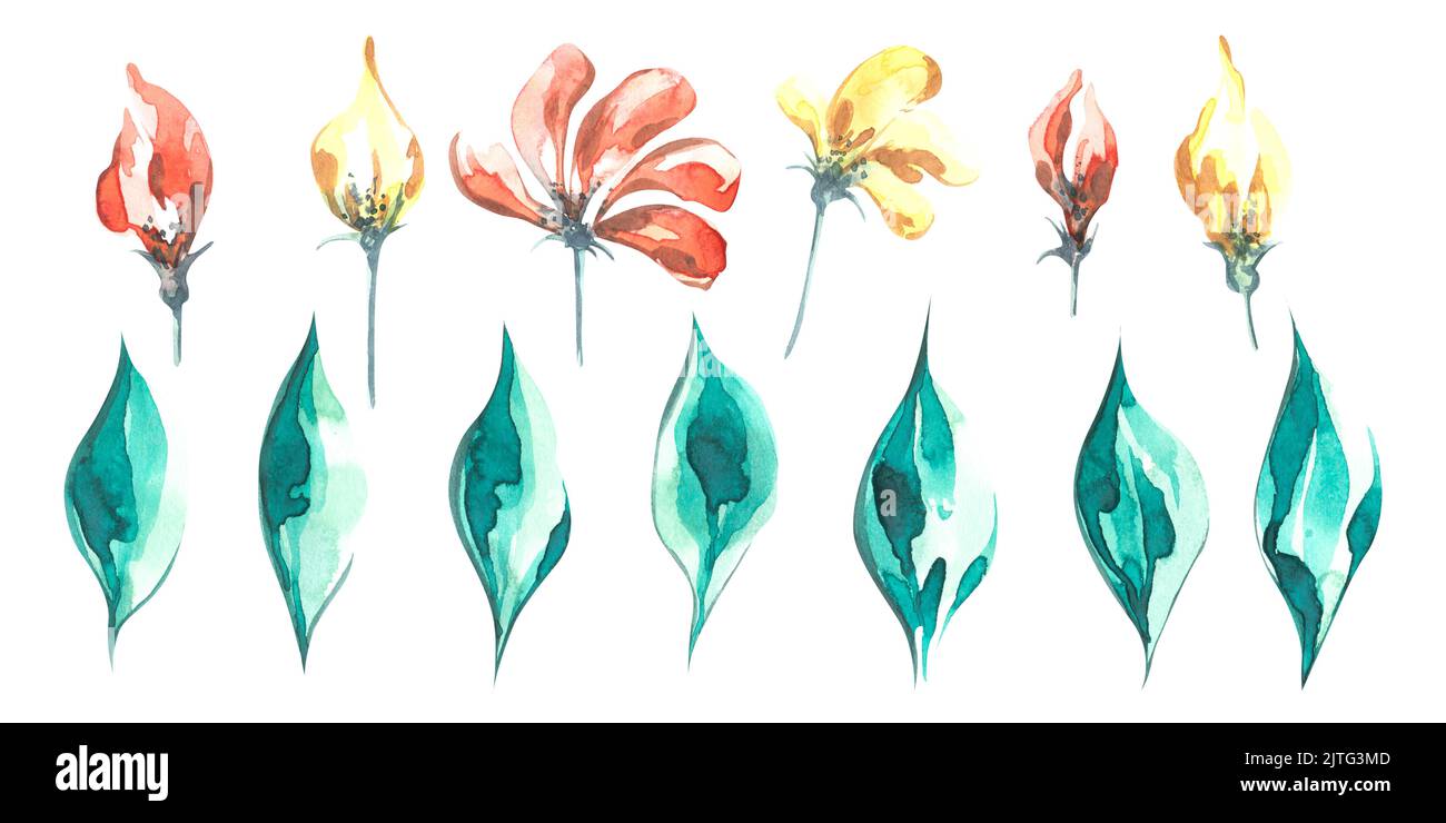 Simple, alla prima-style flowers and leaves. Pink, yellow and turquoise ...