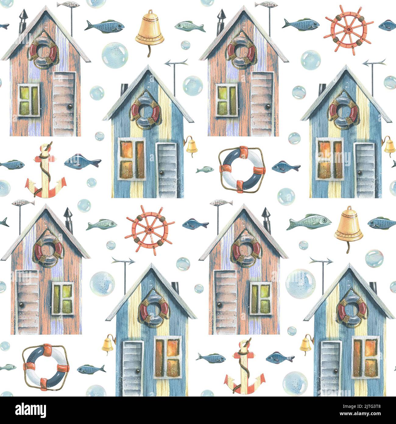 Fishing, sea houses with anchors, steering wheels, fish and bubbles ...