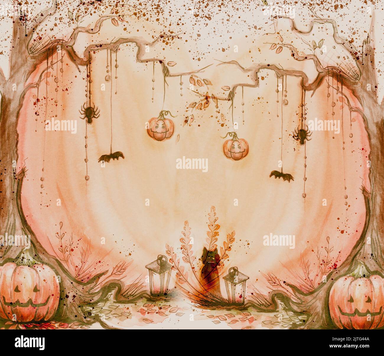 A creepy landscape of the autumn forest in brown and ochre colors, with ...