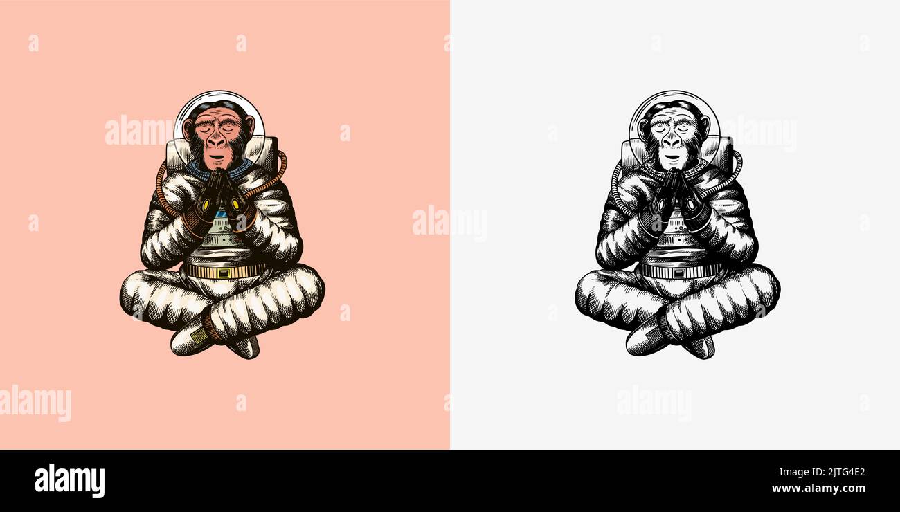Monkey astronaut meditates in a yoga pose. Chimpanzee spaceman ...