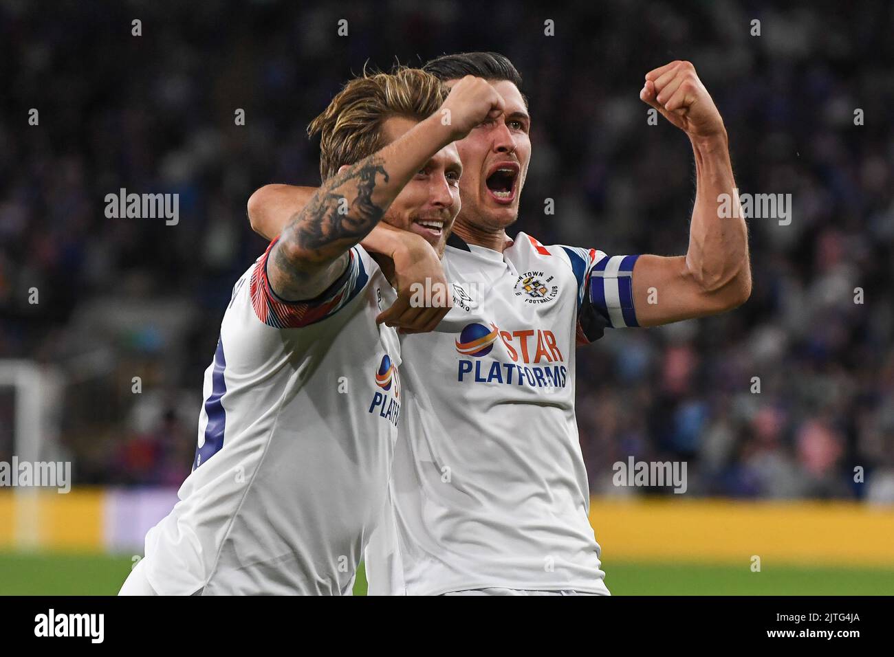 Luke Freeman #30 of Luton Town celebrates his goal to make it 0-1 with ...