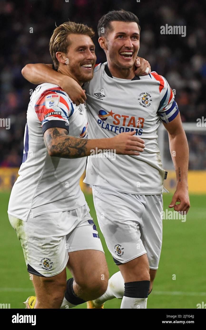 Luke Freeman #30 of Luton Town celebrates his goal to make it 0-1 with ...
