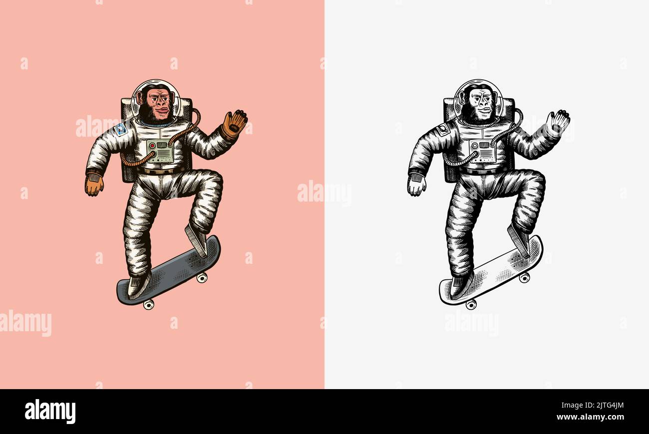 Monkey astronaut rides a skateboard. Chimpanzee soars on the board ...