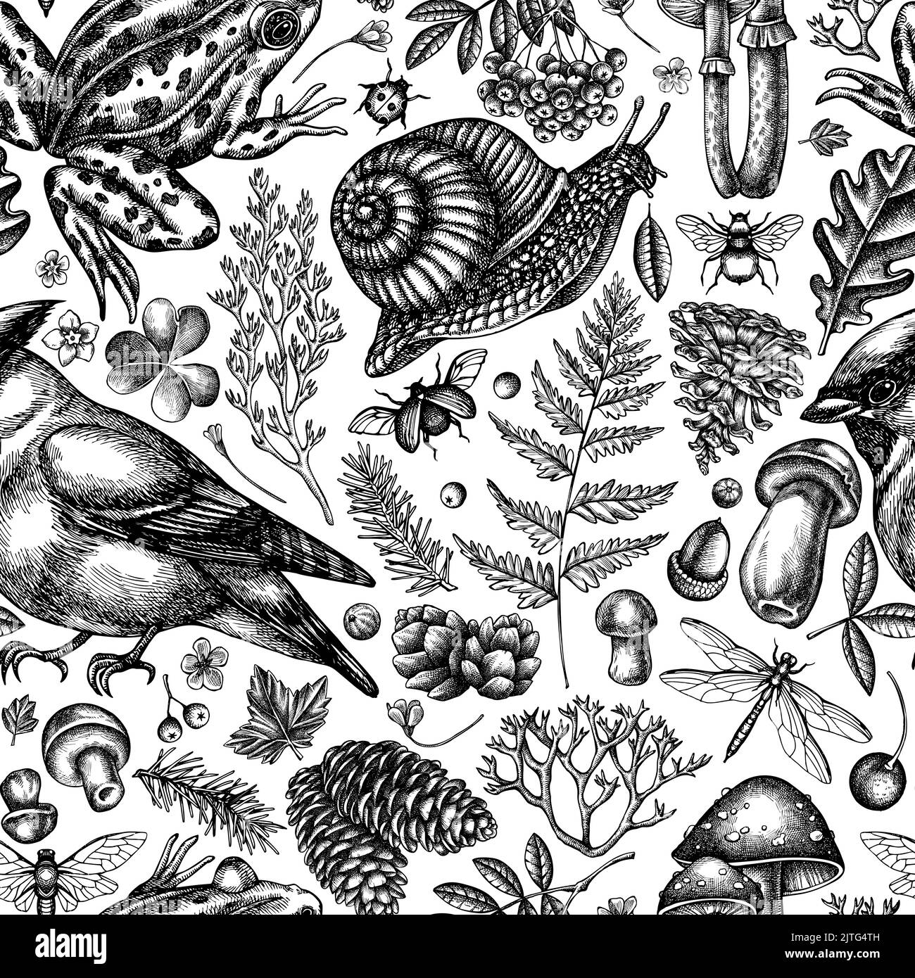 Mysterious forest seamless pattern background design. Engraved style ...