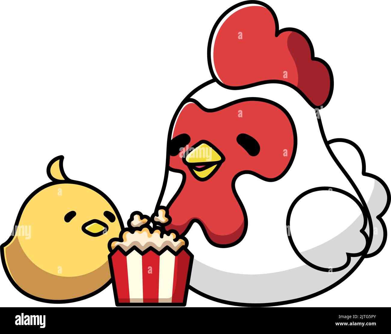 A cute cartoon sticker of a hen and chicken eating popcorn isolated on ...