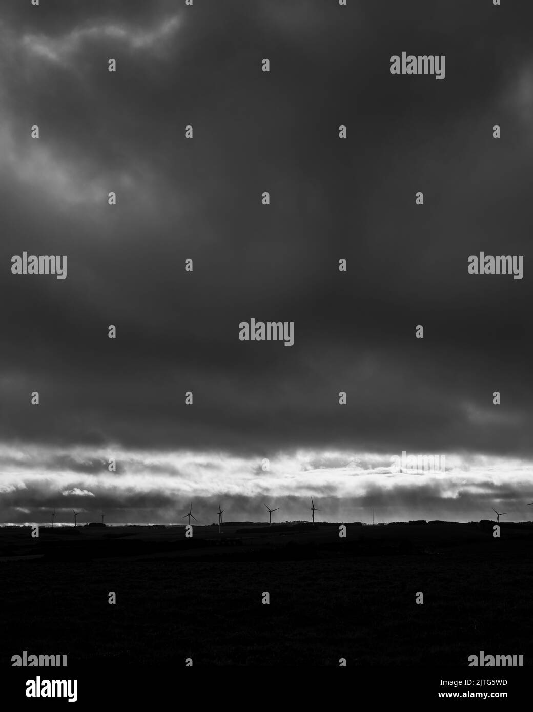 A vertical grayscale shot of dark thunder sky over silhouettes of wind ...