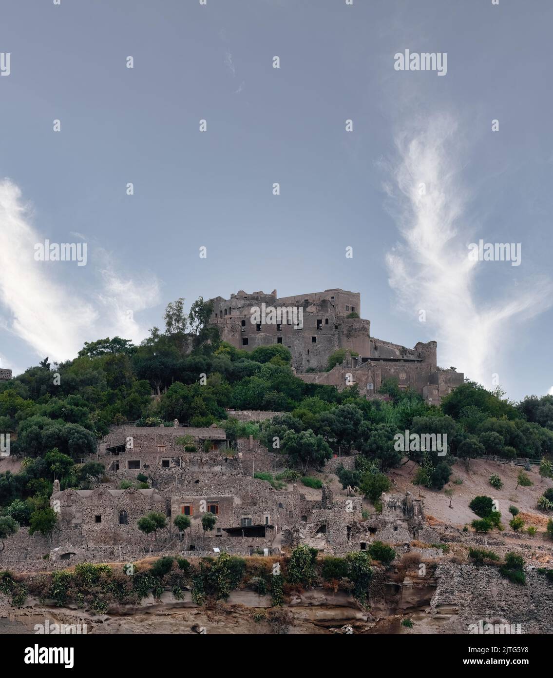 Panoramic view of the beautiful Aragonese castle in Ischia Ponte (Ischia Island, Naples, Italy ...