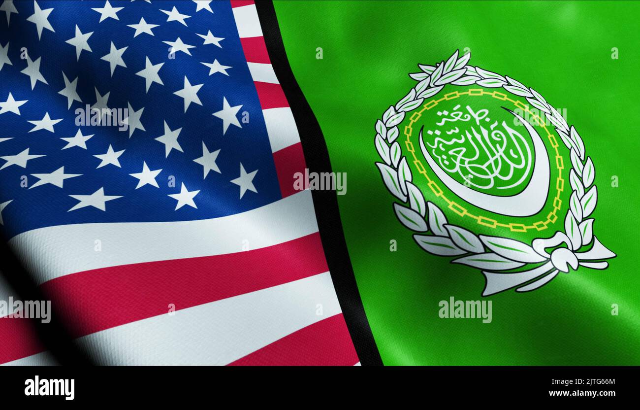 3D Waving United States of America and Arab League Merged Flag Closeup ...