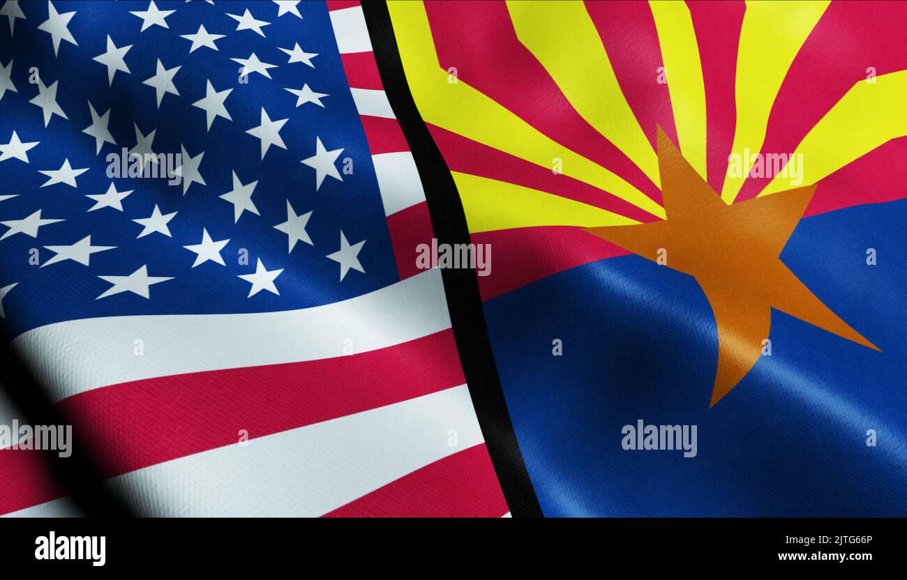 3D Waving United States of America and Arizona Merged Flag Closeup View ...
