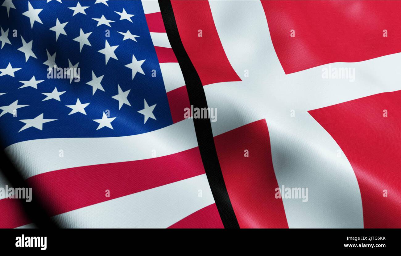 3D Waving United States of America and Denmark Merged Flag Closeup View ...
