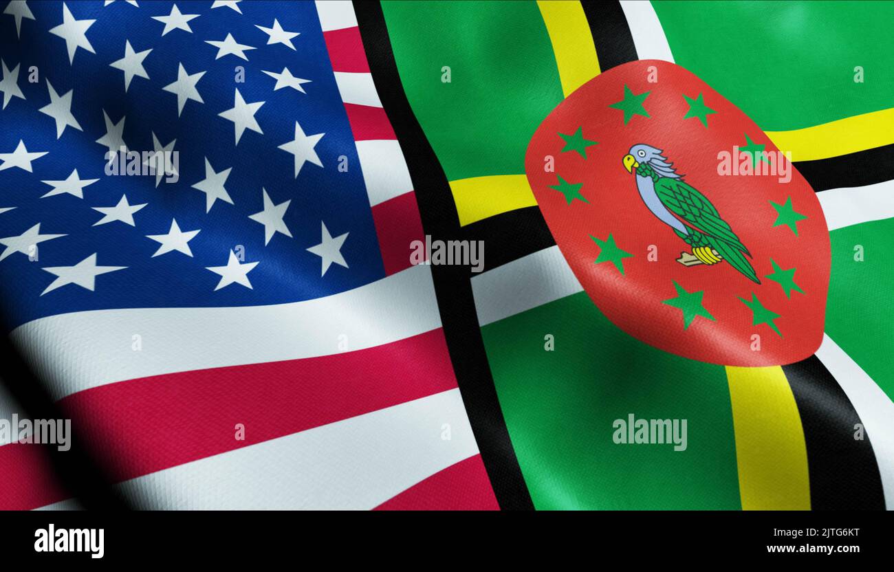 3D Waving United States of America and Dominica Merged Flag Closeup ...