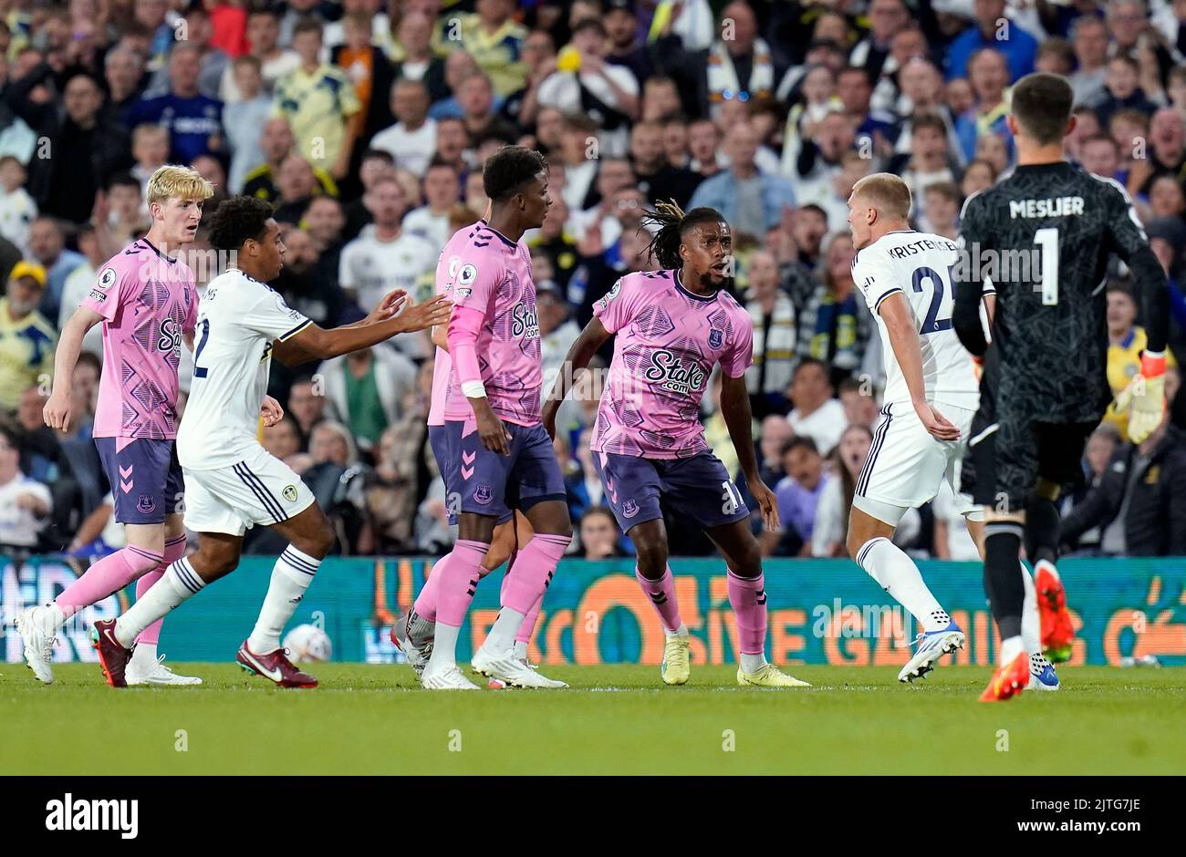 Everton's Anthony Gordon (left) and Leeds United's Rasmus Kristensen ...