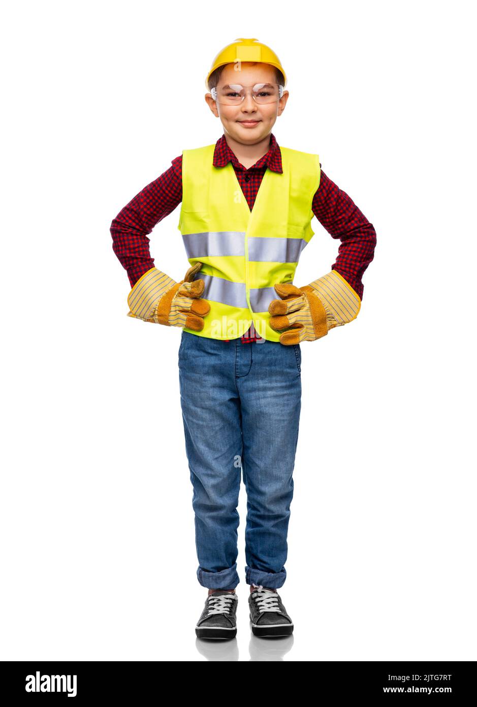 boy in protective helmet, gloves and safety vest Stock Photo - Alamy