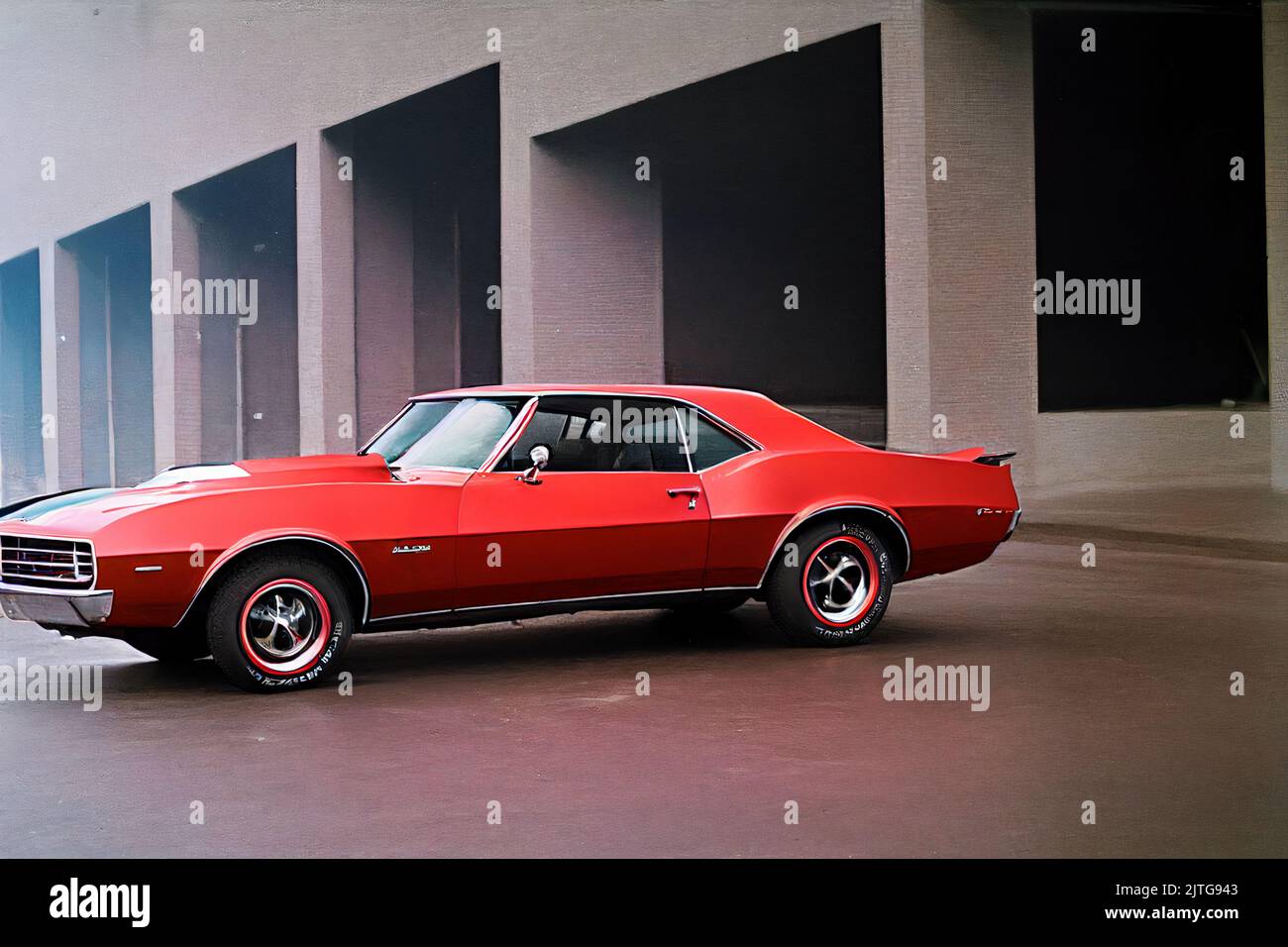 A closeup of a red Chevrolet Camaro with a building in the background ...