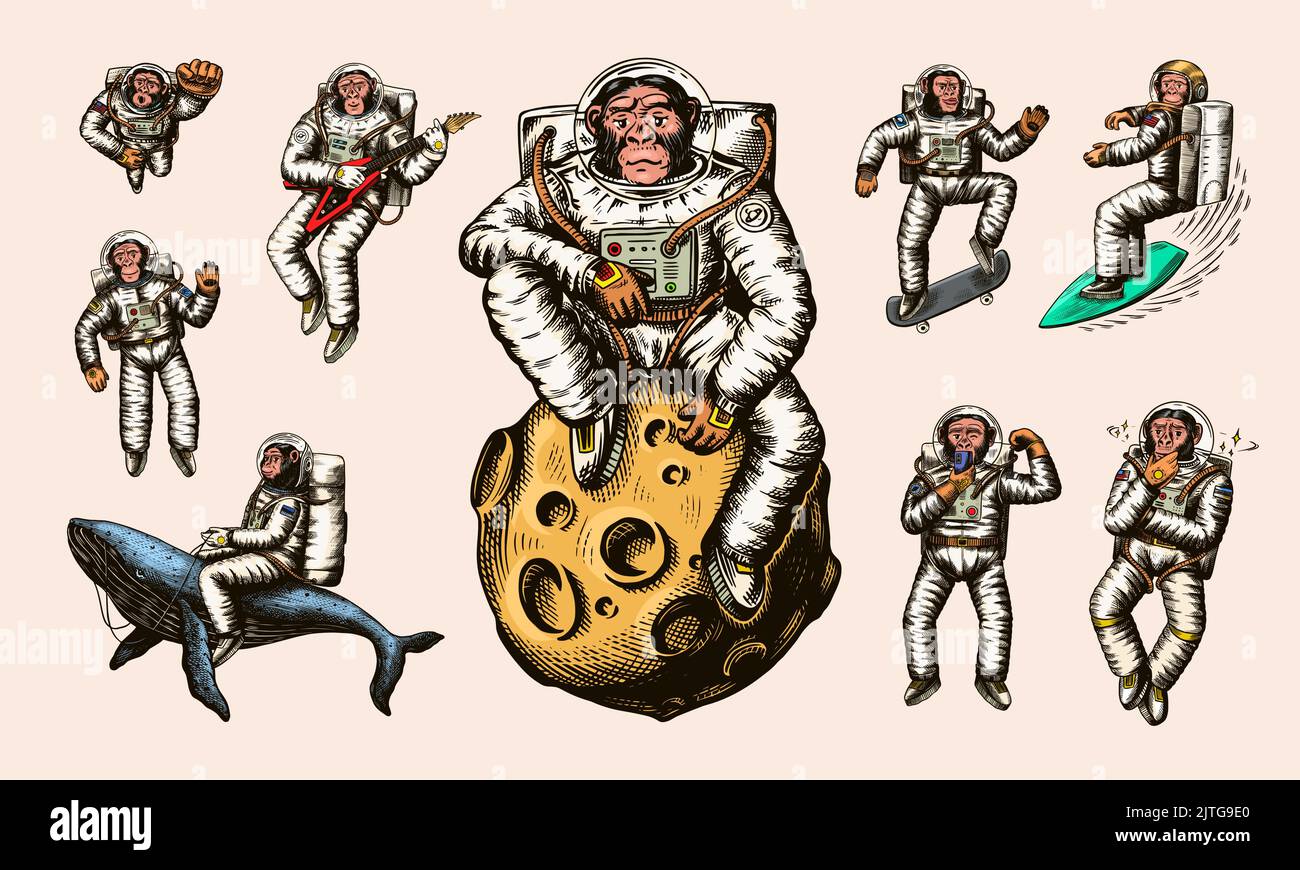 Monkey astronaut with whale, guitar, skateboard and moon. Chimpanzee ...
