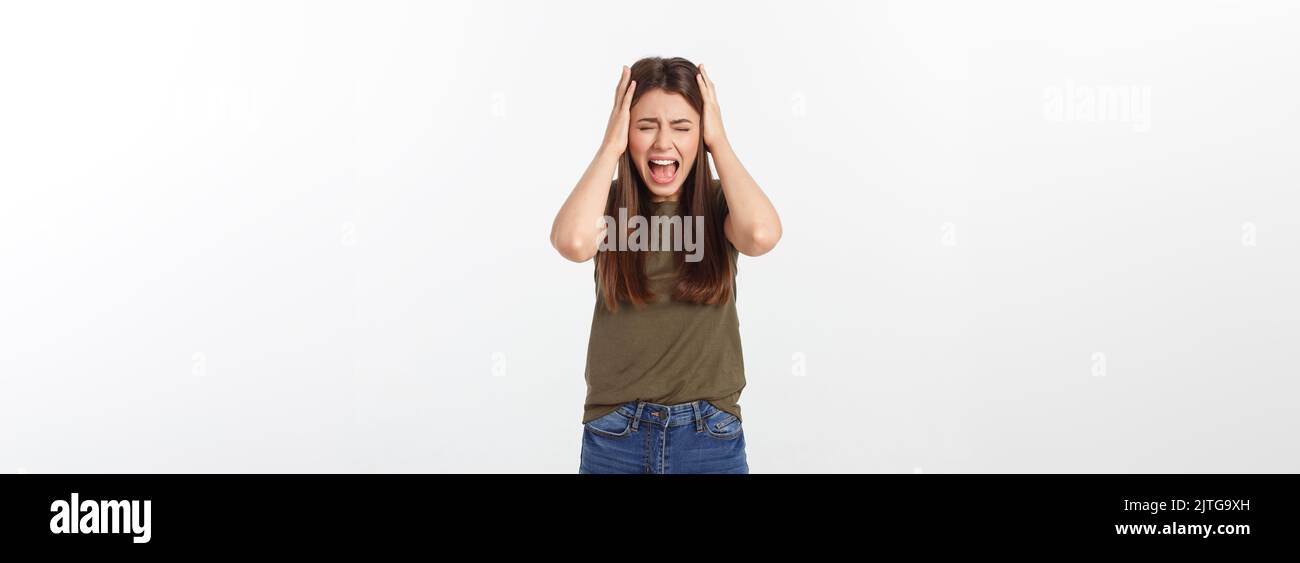 Isolated shot of speechless concerned shocked and angry woman ...