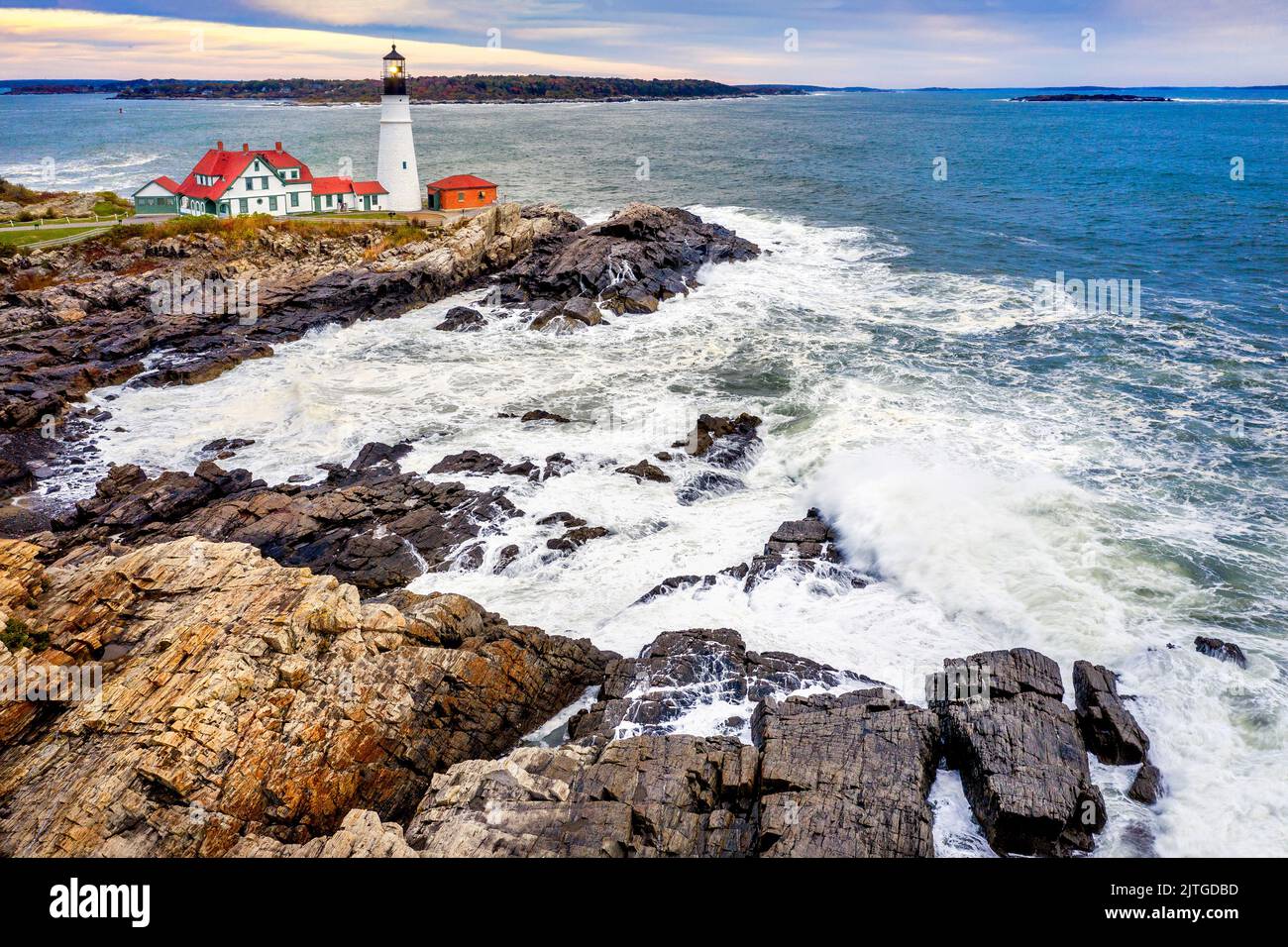 Aerial View at Sunrise Cape Elizabeth Lighthouse, Portland, Maine,New ...