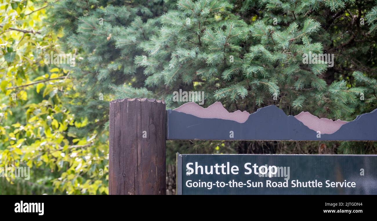 Glacier National Park, Montana, USA - 8.2022 - Shuttle service sign on ...