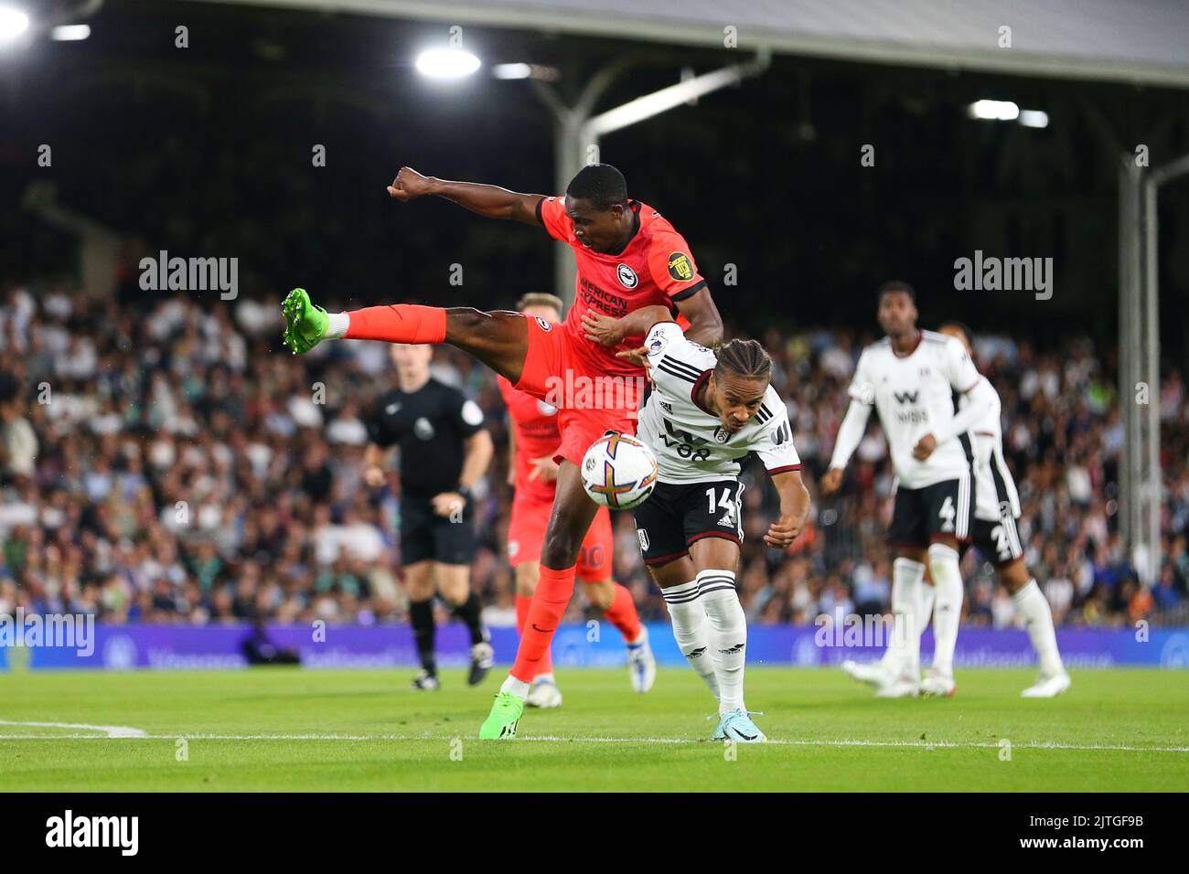 London, UK. 30th Aug, 2022. Bobby Reid of Fulham challenged in the box ...