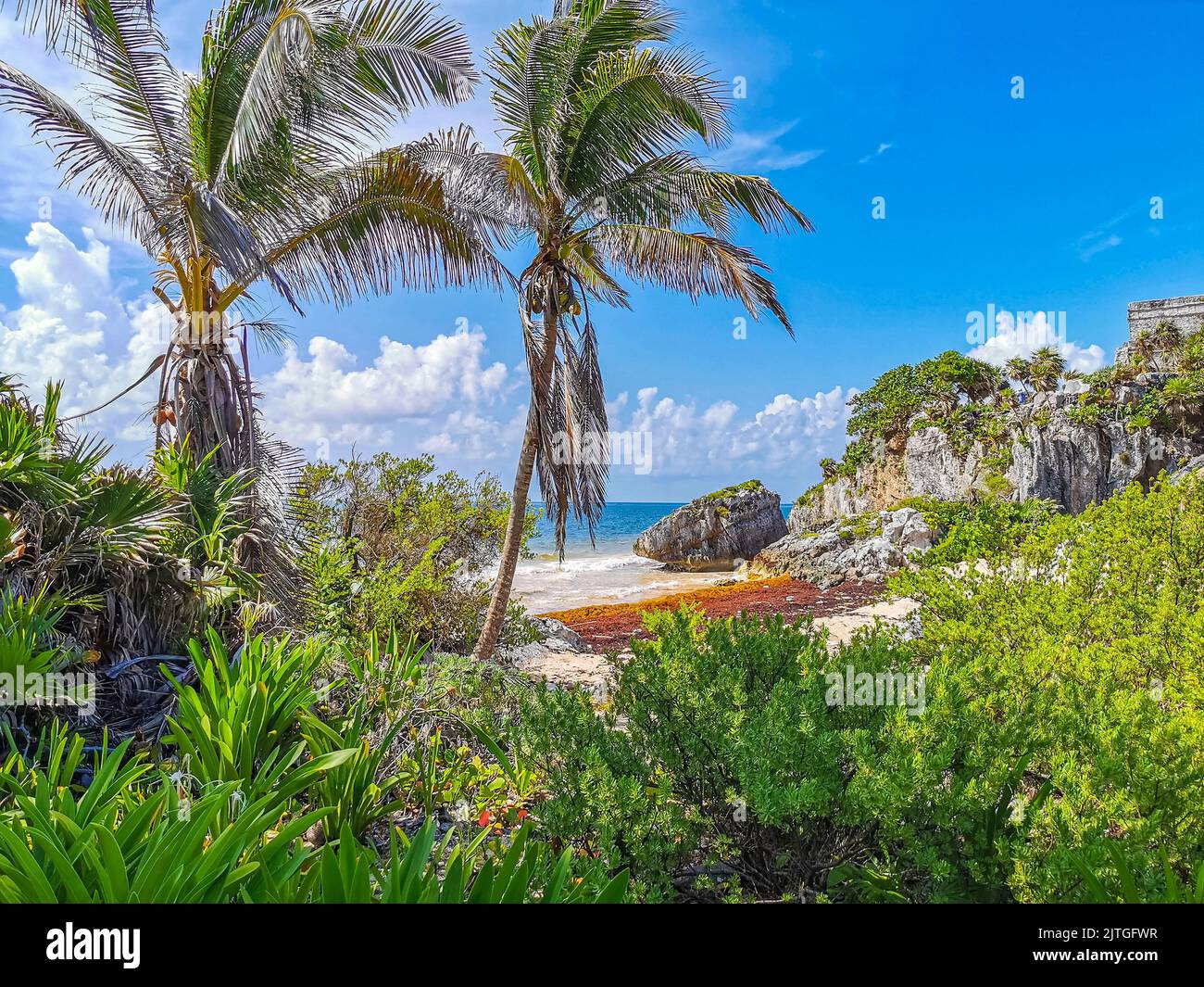 Natural seascape panorama view at the ancient Tulum ruins Mayan site ...