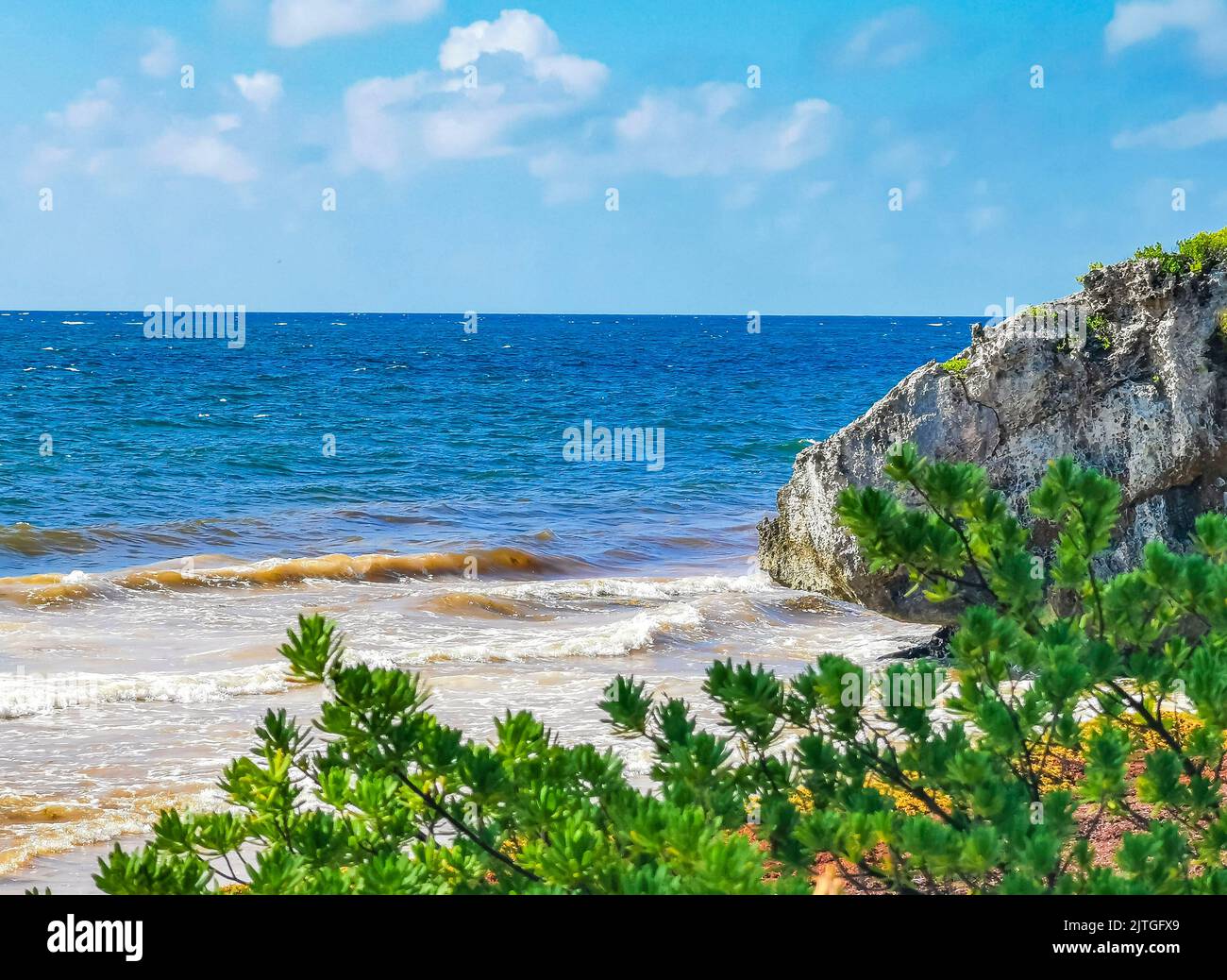 Natural seascape panorama view at the ancient Tulum ruins Mayan site ...