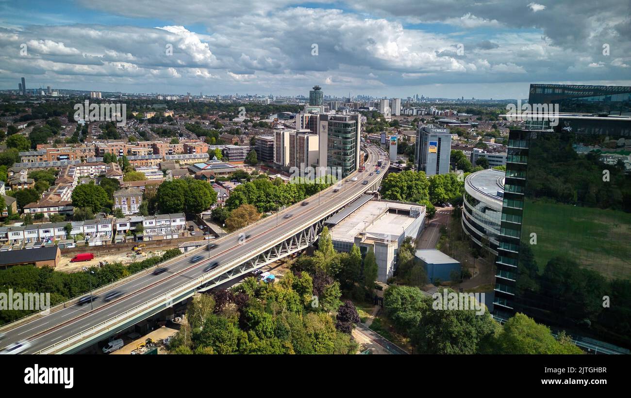 Panorama with M4 motorway next to GSK London HQ in Brentford Stock ...