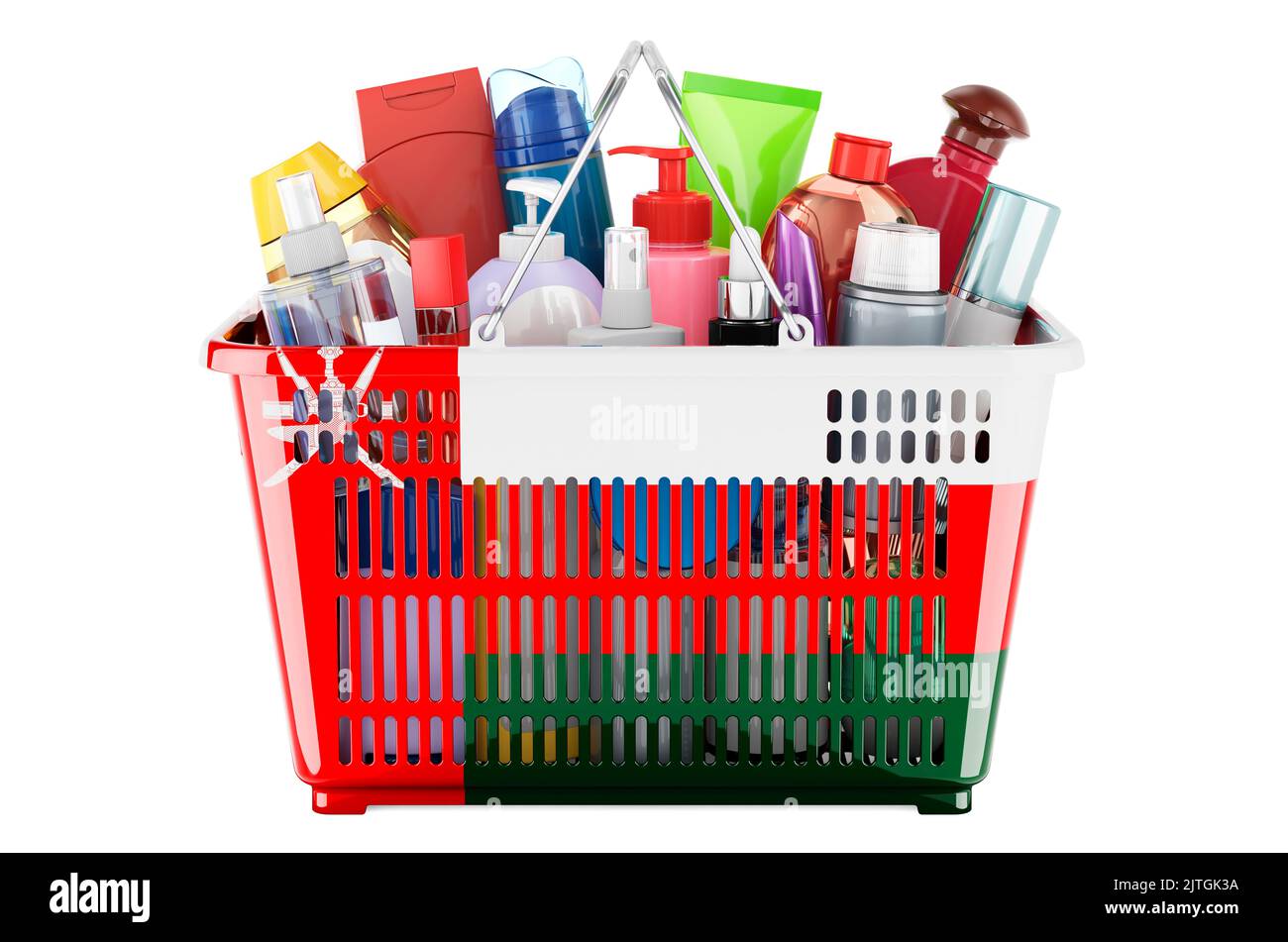 Shopping basket with Omani flag full of cosmetic bottles, hair, facial ...