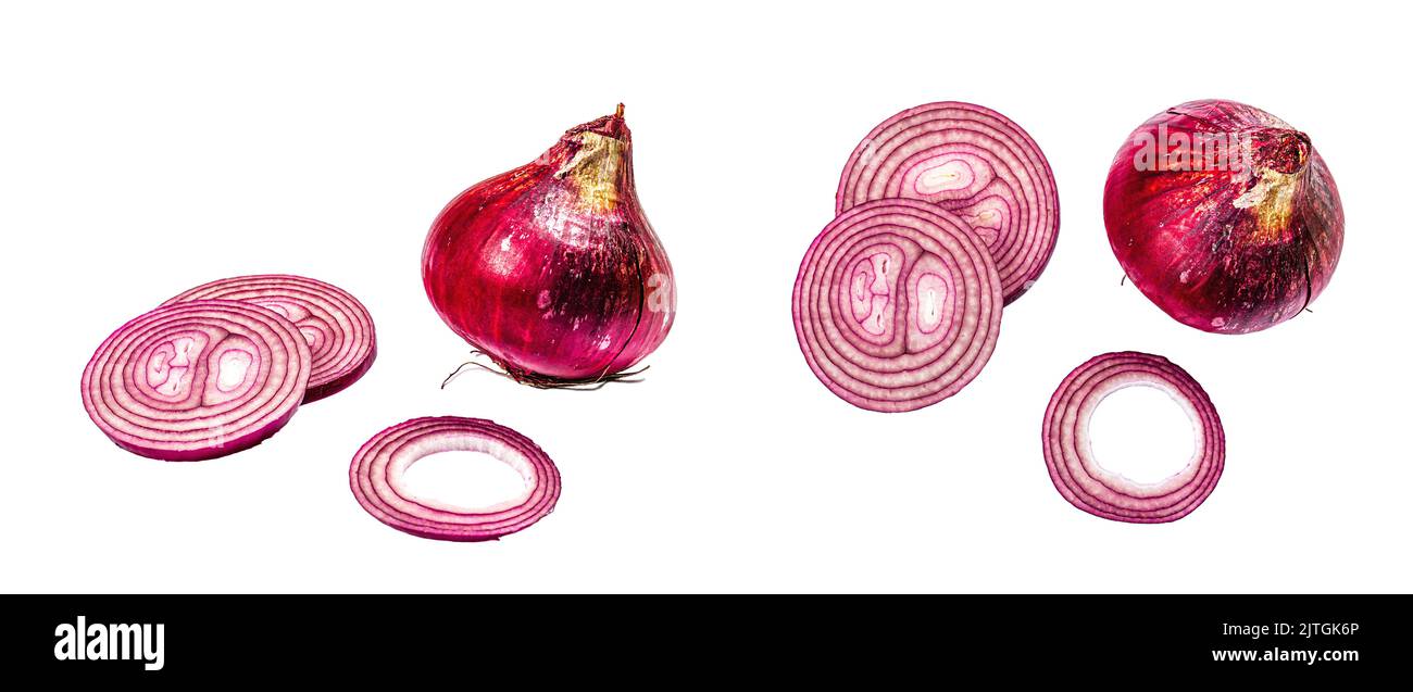 Purple onion and its slices isolated on white background. Traditional ...