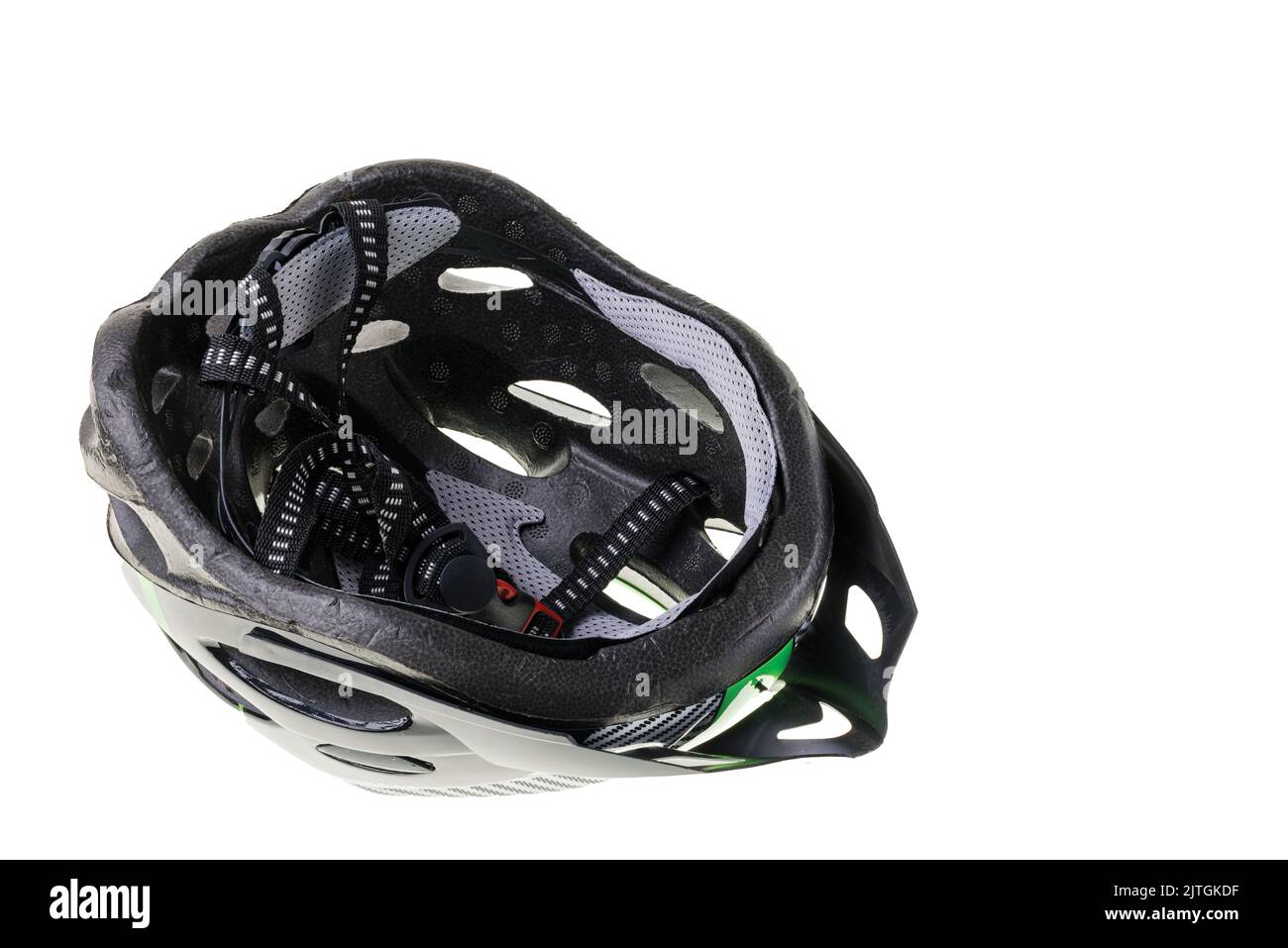 Close up view of inside of protective safety helmet isolated on white ...