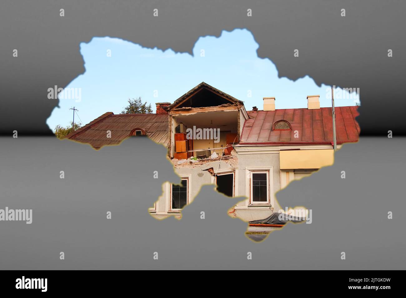 Defocus huge ruins, wreck in Ukraine, war. House after russian attack ...