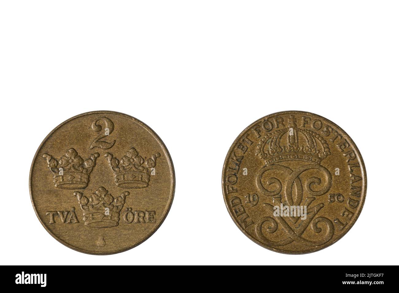Close up view of obverse and reverse side of old swedish coin from 1950 ...