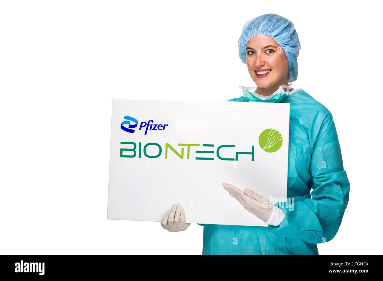 doctor presenting sign of vaccine manufacturer Biontech Pfizer Stock ...
