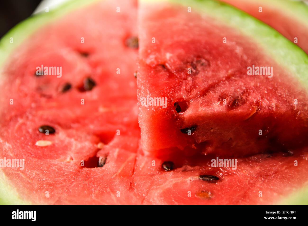Defocus bright watermelon. Close-up of fresh slice red watermelon ...