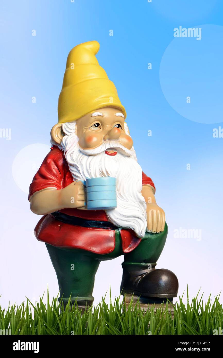 garden dwarf with cup on a lawn in a garden Stock Photo - Alamy