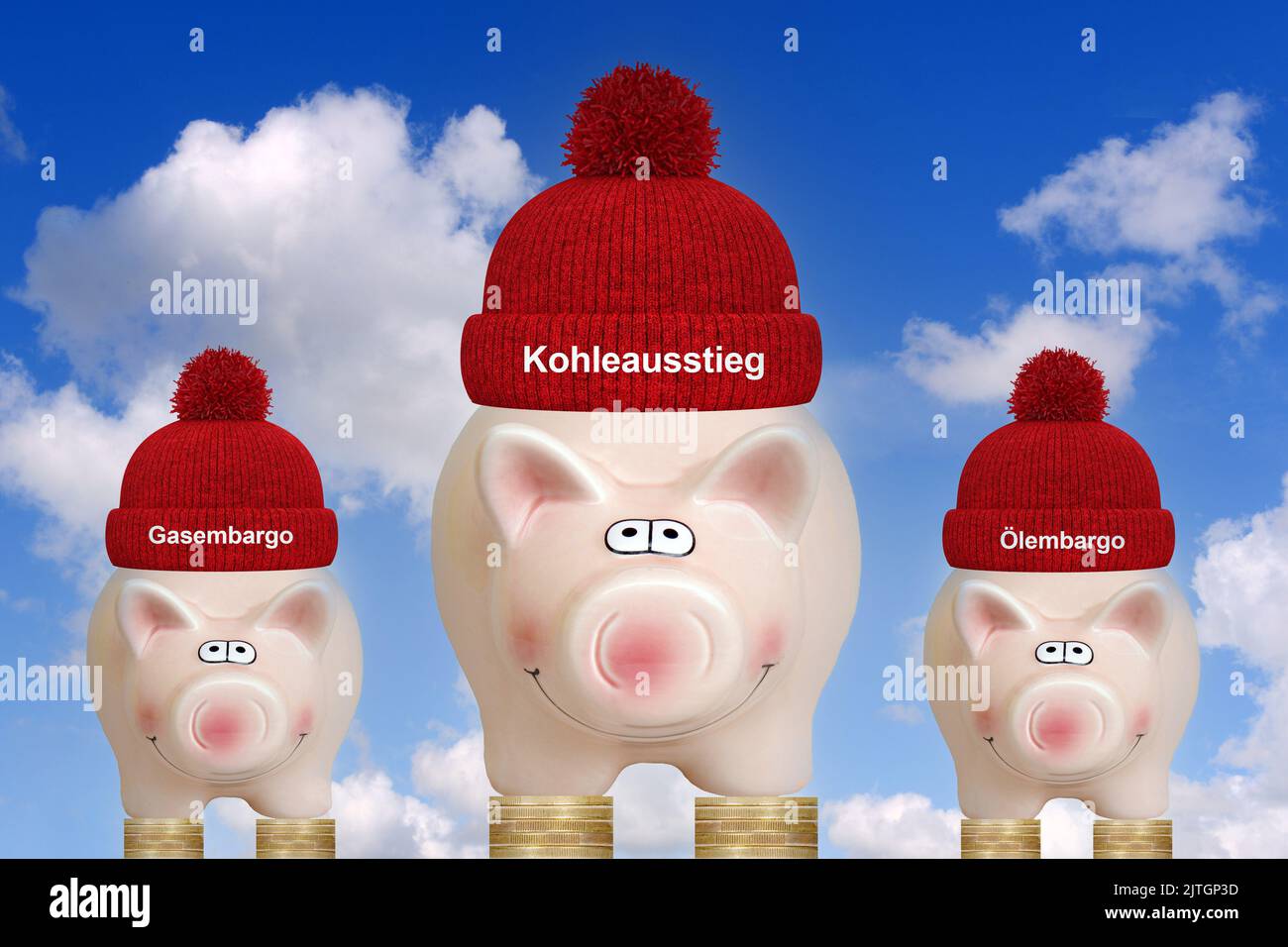 pink piggy banks with red bobble hats, energy crisis, prepare oneself ...