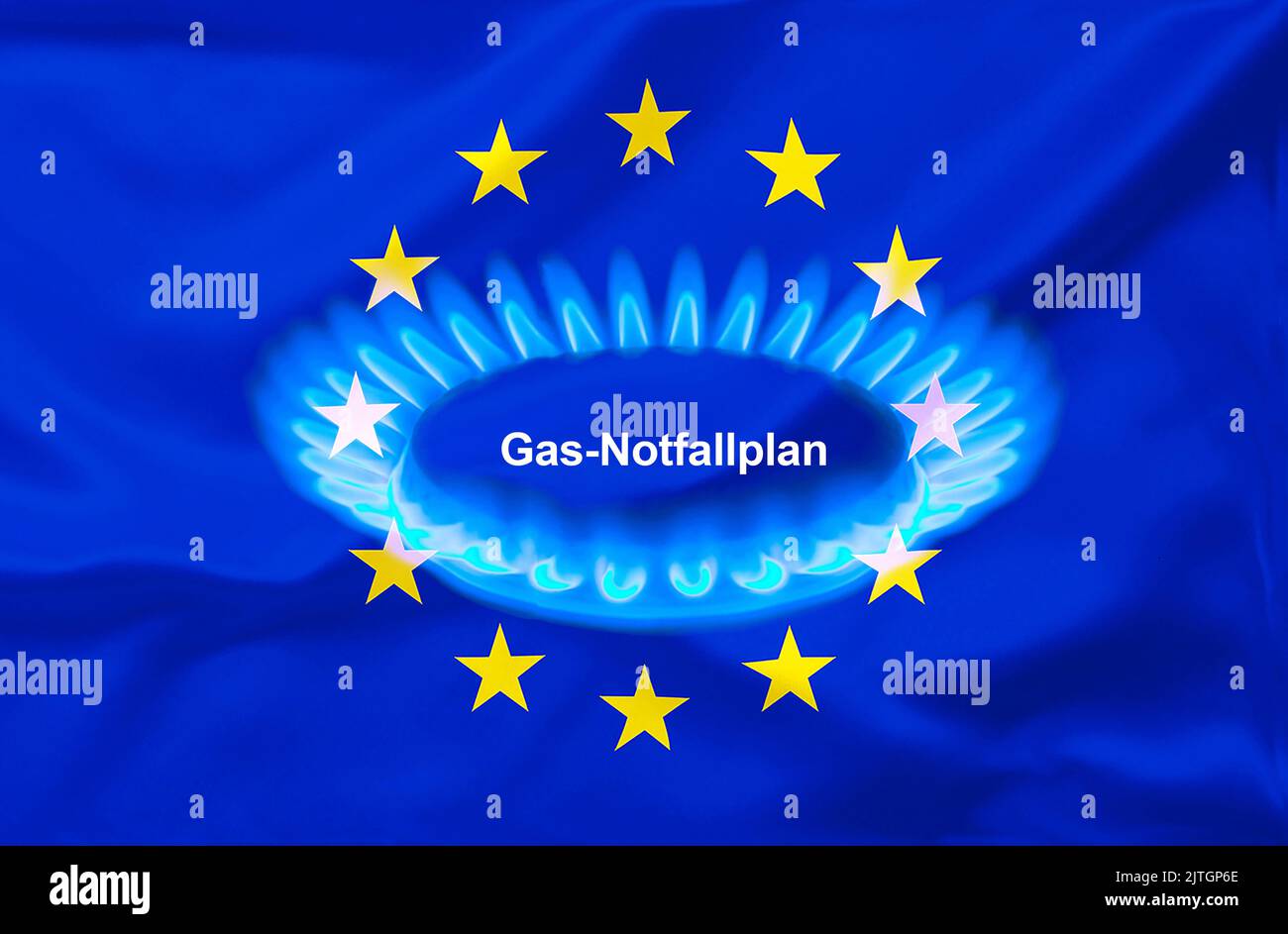 gas flame of a cooker with an EU flag an the word Gas-Notfallplan ...