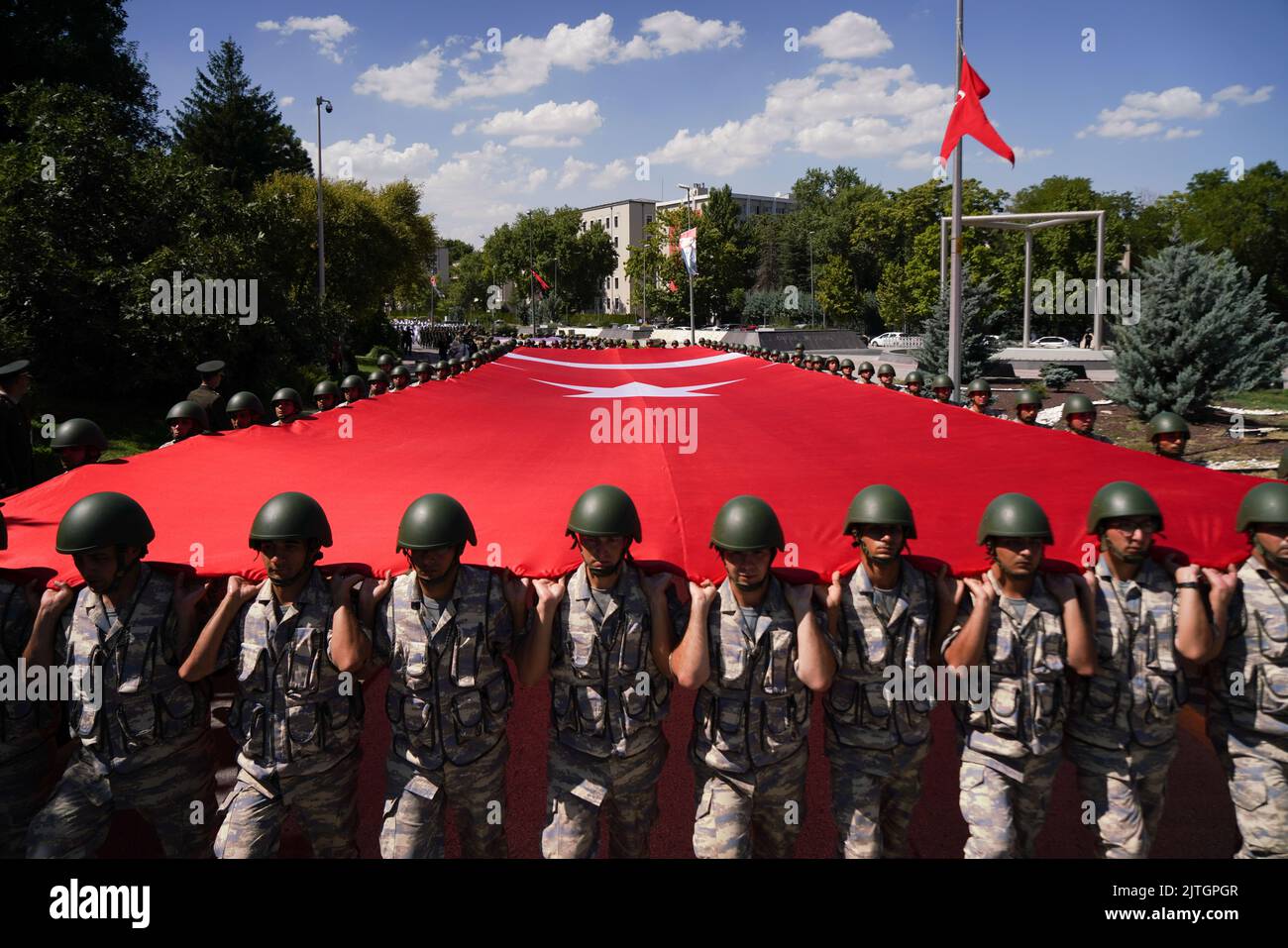 Turkey, 30/08/2022, Turkish soldiers march with a Turkish flag during ...