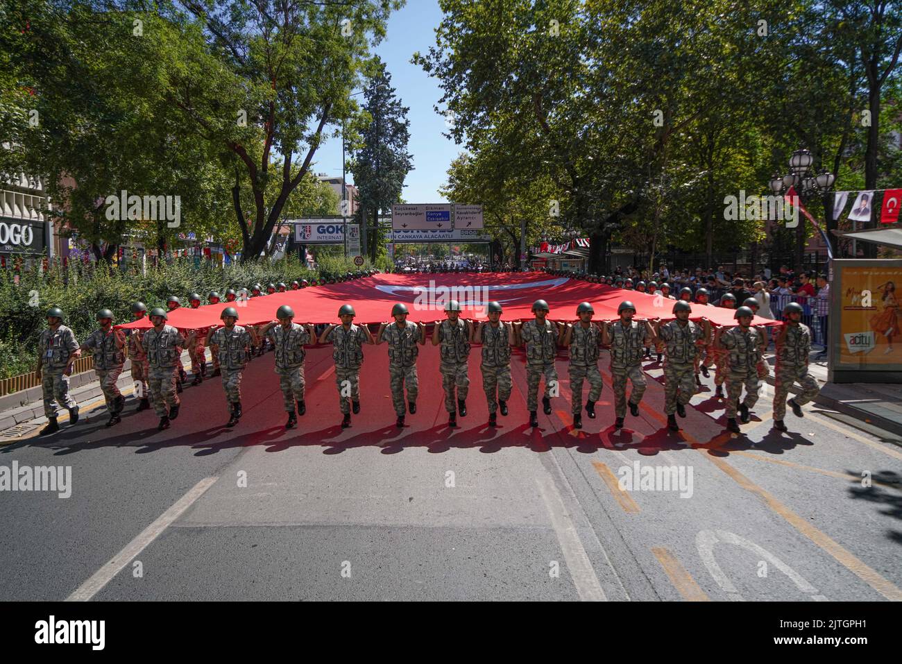 Turkey, 30/08/2022, Turkish soldiers march with a Turkish flag during ...