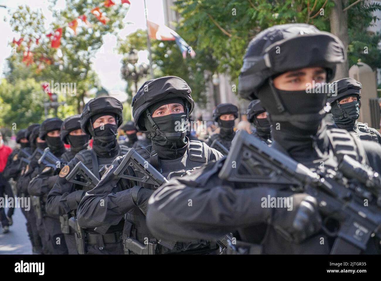 Turkish gendarme march during the military parade. Victory Day is an ...