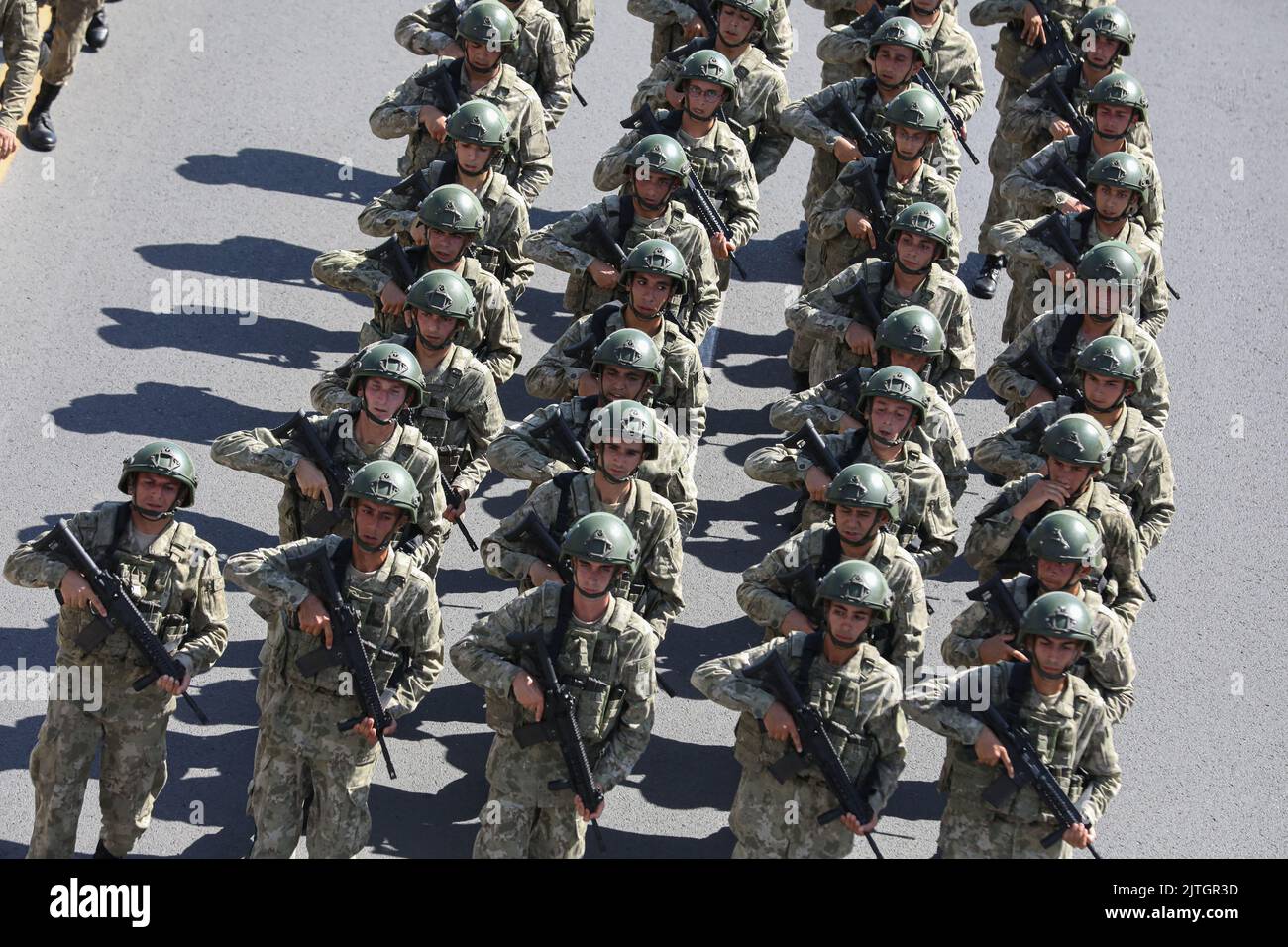 Turkish soldiers march during the military parade. Victory Day is an ...