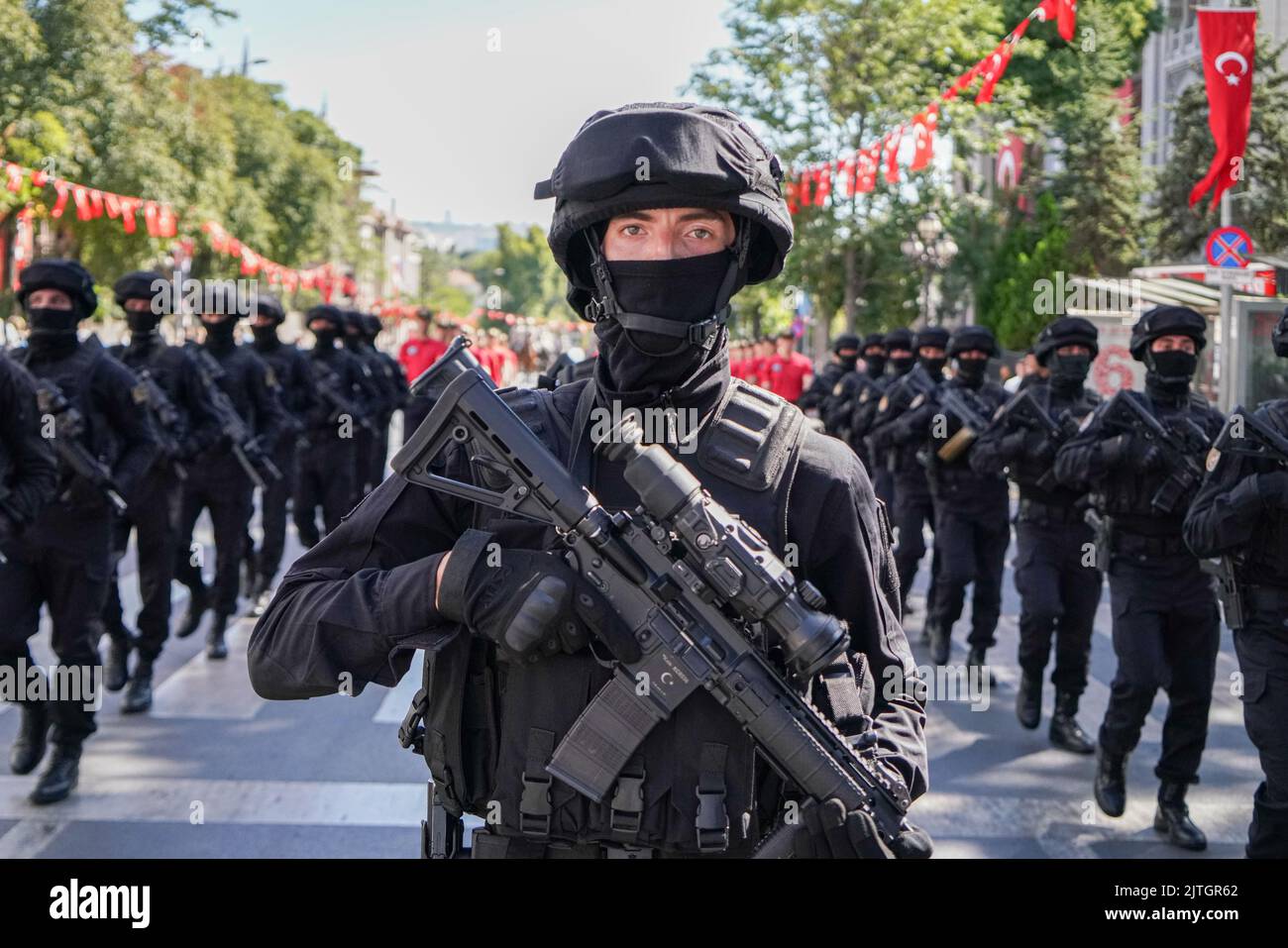 Turkish gendarme march during the military parade. Victory Day is an ...