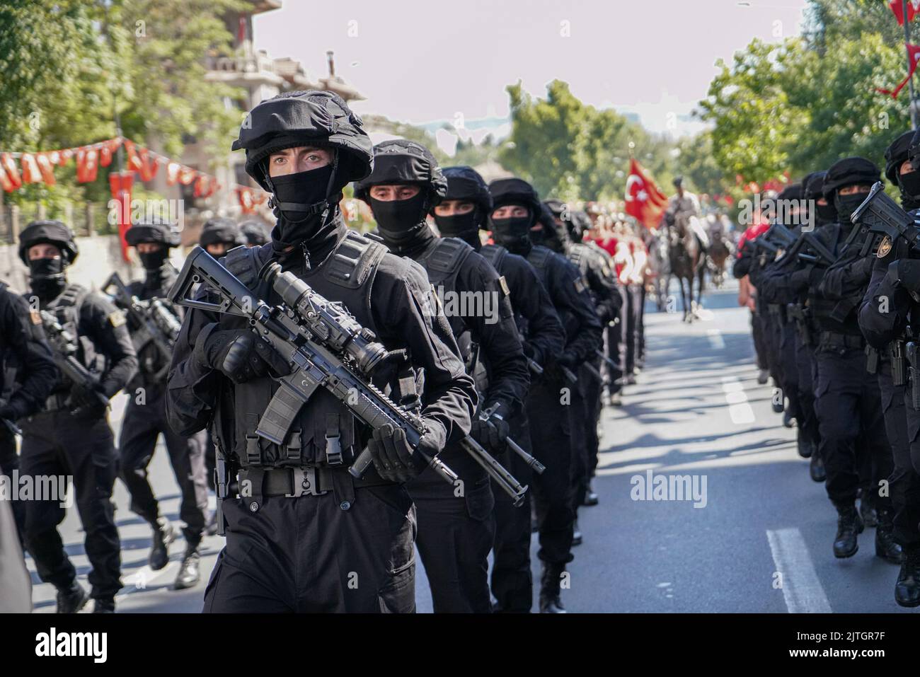 Turkish gendarme march during the military parade. Victory Day is an ...