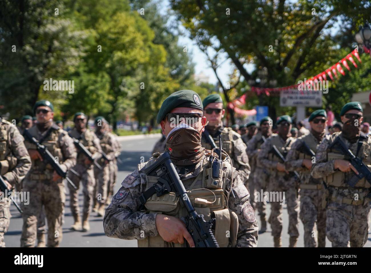 Turkish police march during military parade. Victory Day is an official ...