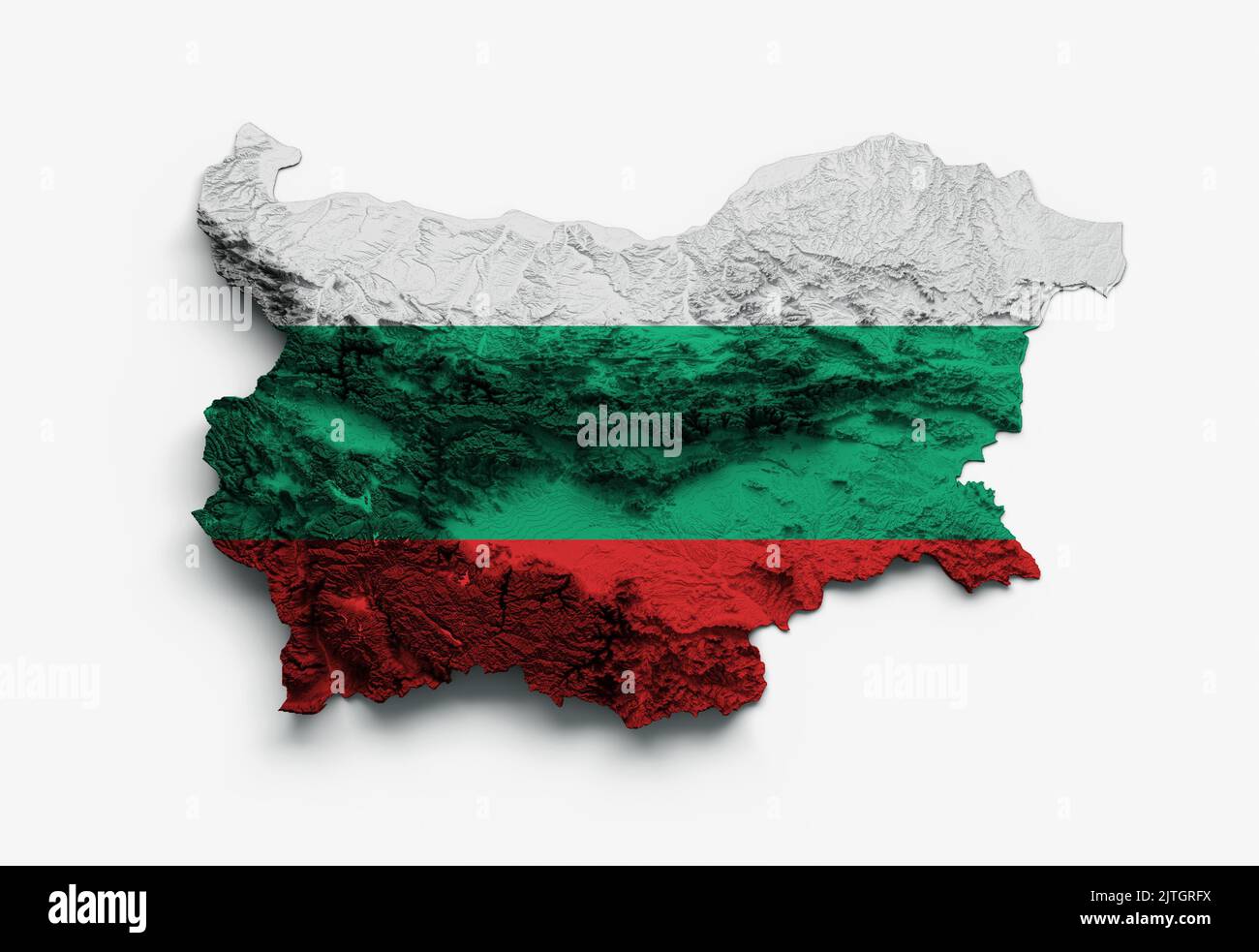A 3D rendering of the geographical map of Bulgaria with its flag colors ...