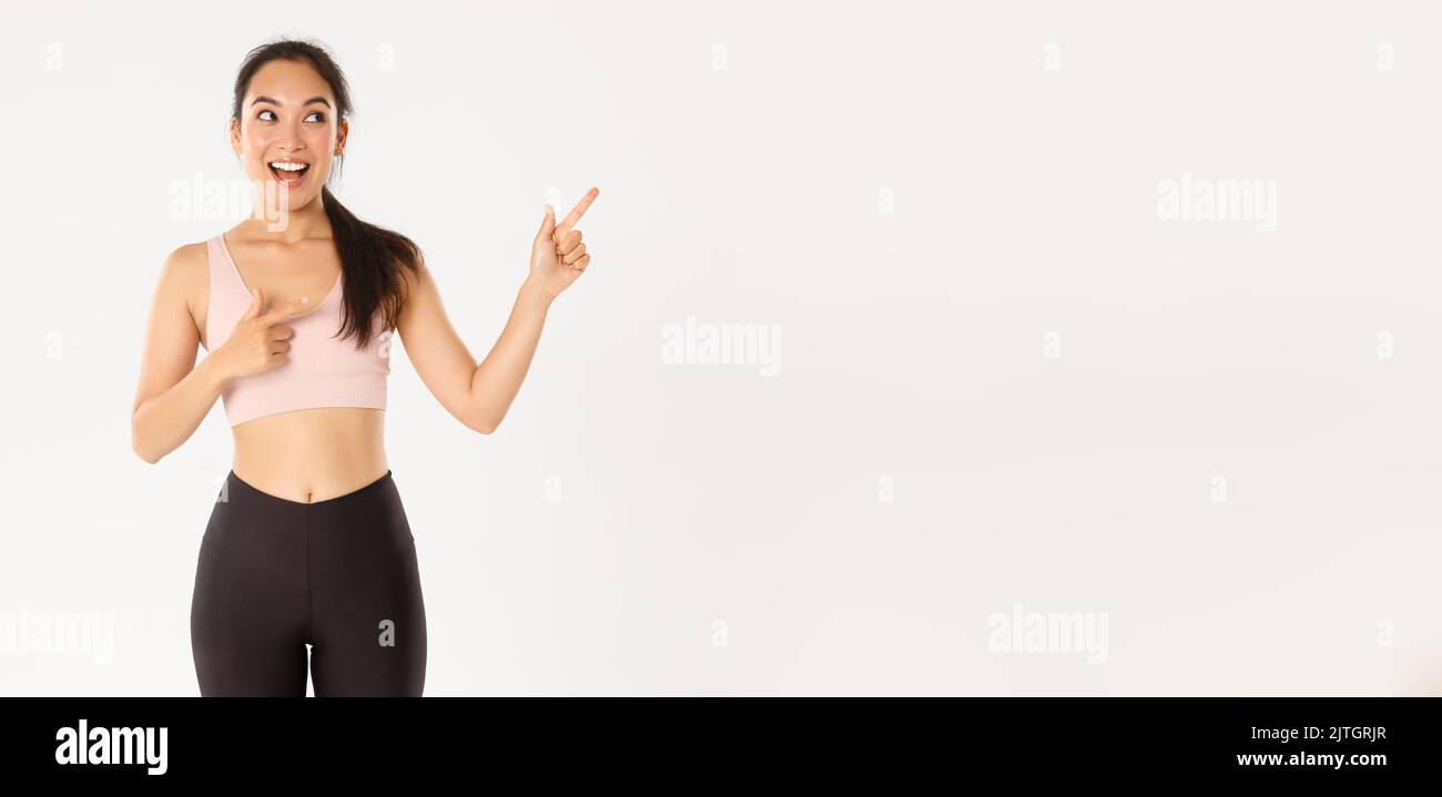 Sport, wellbeing and active lifestyle concept. Excited slim and cute ...